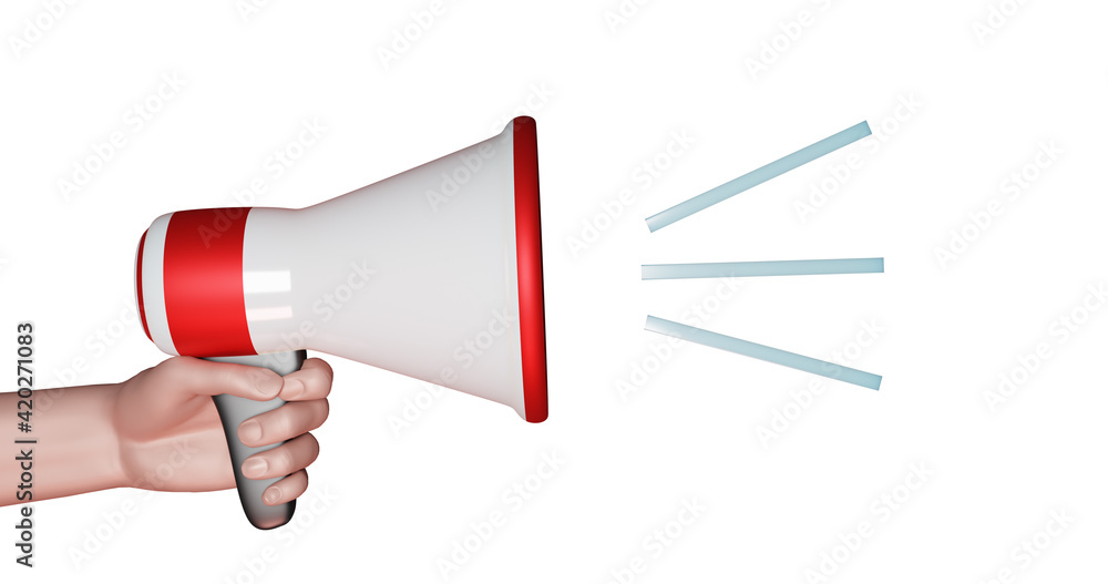 3d rendering illustration of a stylized red-and-white horn, a hand-held ...