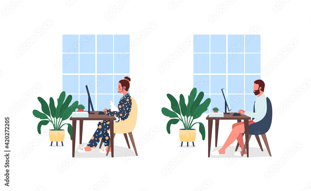Freelancers at desk flat color vector character set. Woman in pajamas ...