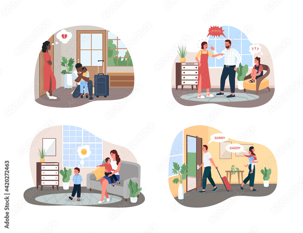 Family conflict 2D vector web banner, poster set. Sad children. Arguing ...