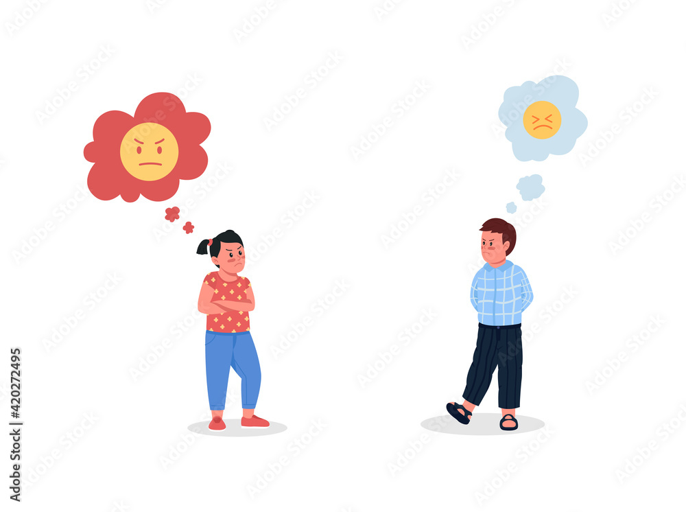 Angry children flat color vector detailed character set. Upset kids ...