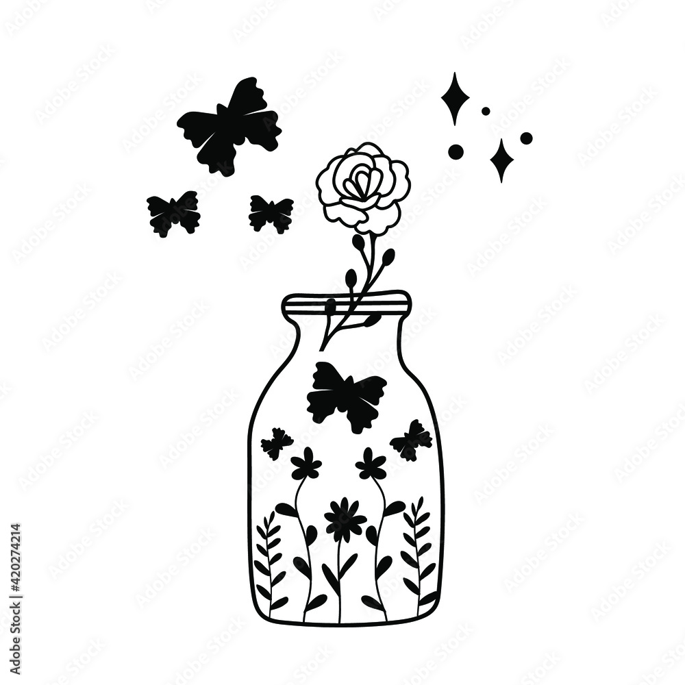 Mason jar with meadow flowers, wild flowers and butterfly. Daisy ...