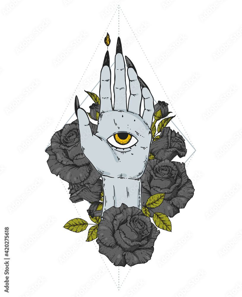 Mystic and occult hand. Palm with an all-seeing eye. Mystical print ...