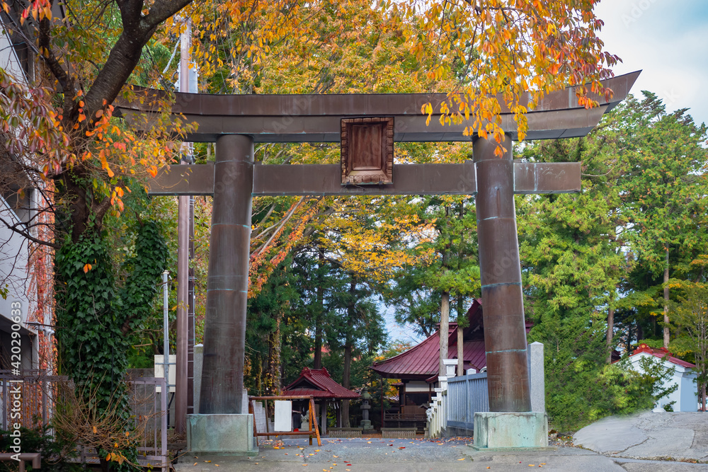 Japan street. Japanese arch next to autumn trees. Japan street with ...