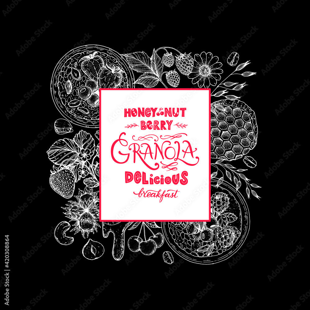 Granola sketch illustration. Breakfast label. Oat flakes , berries ...