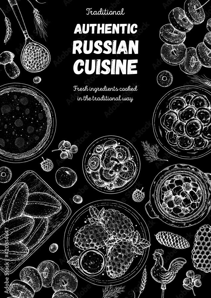 Russian cuisine top view frame. Food menu design elements. Traditional ...