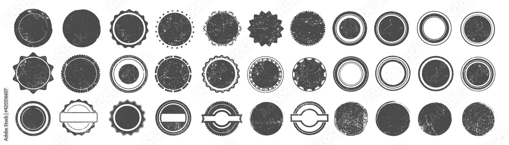 Round grunge stamps, badges and banners set, isolated on white ...