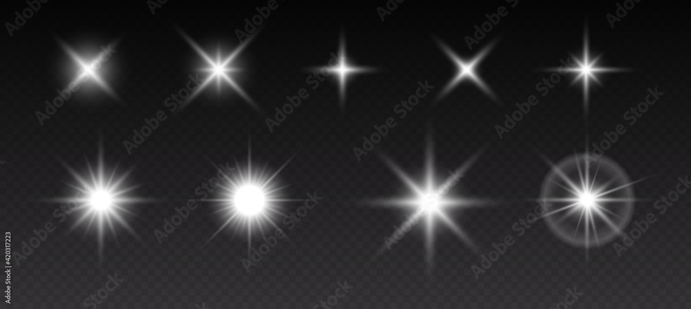 Sparkling stars, flickering and flashing lights. Collection of different light effects Stock ...