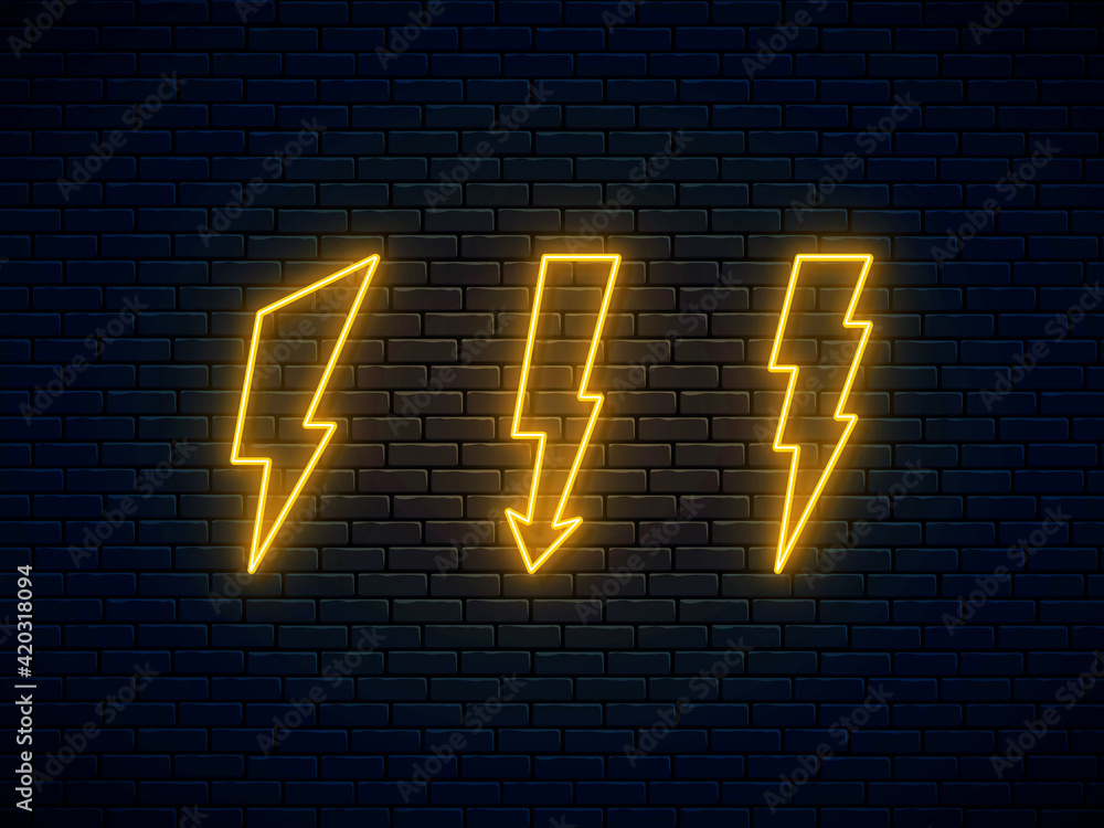 Neon lightning bolt set. High-voltage thunderbolt neon symbol ...