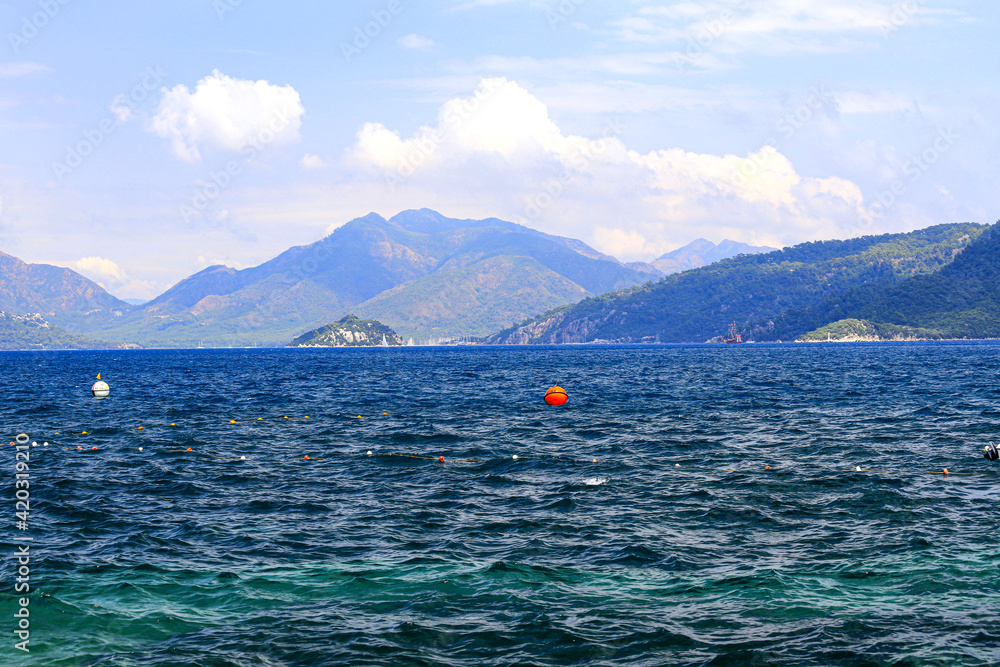Marmaris beach beautiful blue sea on mountains background, turkish ...