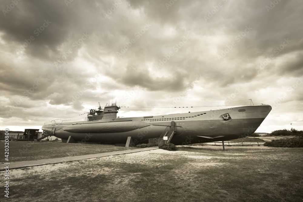 German submarine U-995. Dramatic sky, storm clouds. Museum ship, Laboe ...