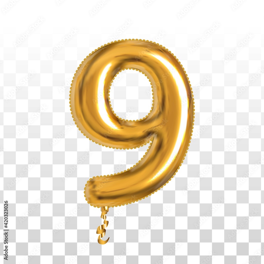 Vector realistic isolated golden balloon number of 9 for invitation ...