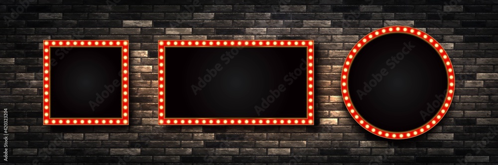 Vector set of realistic isolated retro marquee billboard with electric ...