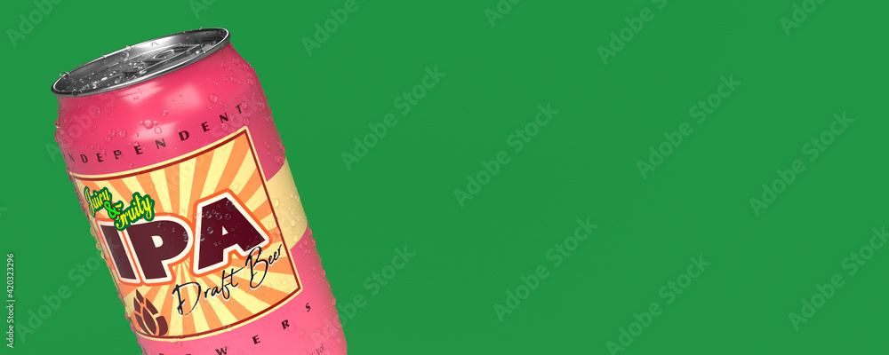 An IPA draft beer can in panoramic format with green background and ...