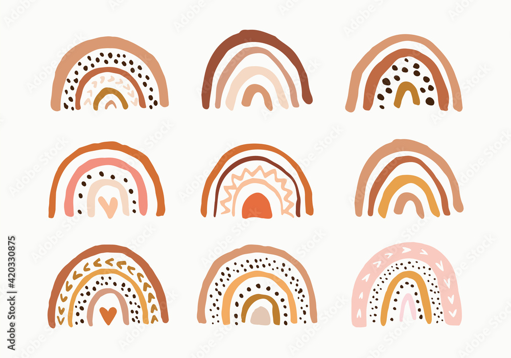 Hand Drawn Boho Rainbows. Cute Set in Pastel and Earthy Colors. Vector ...