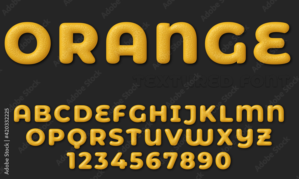 Alphabet letter set and numbers with fruity orange texture, 3D ...