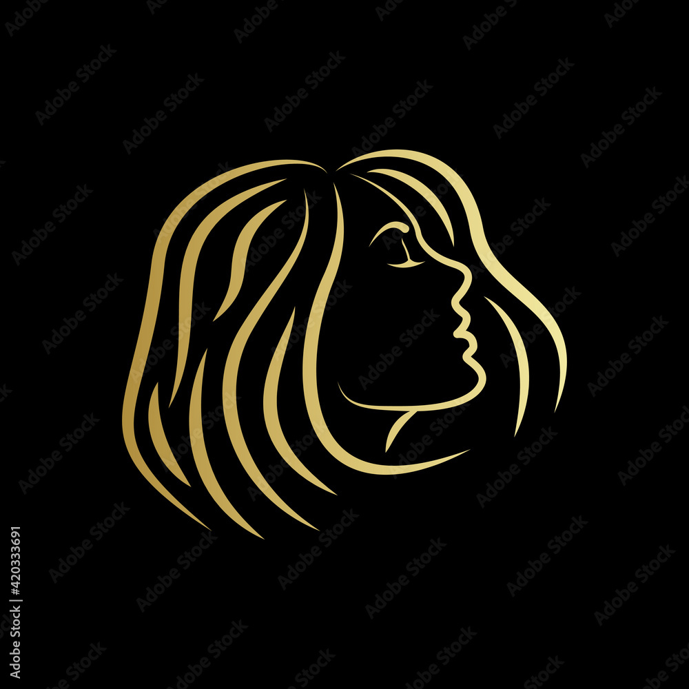 Gold woman line art silhouette isolated on black background Stock ...