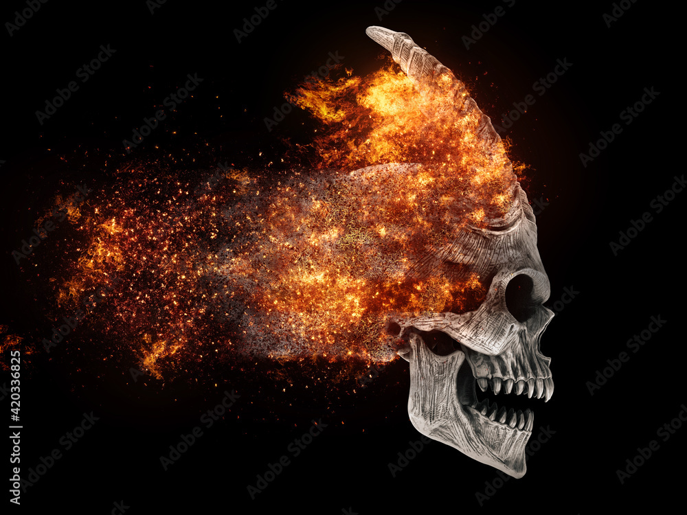 Metal demon skull with horns on fire - side view Stock Illustration ...