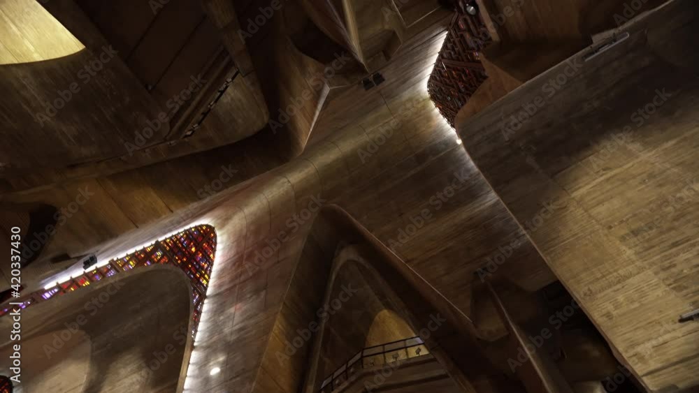 Under the dome of an ancient church. Colored stained-glass windows on ...