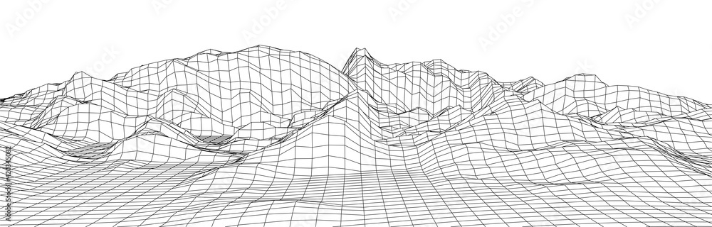 Wireframe 3D landscape mountains. Wireframe landscape wire. 3d ...