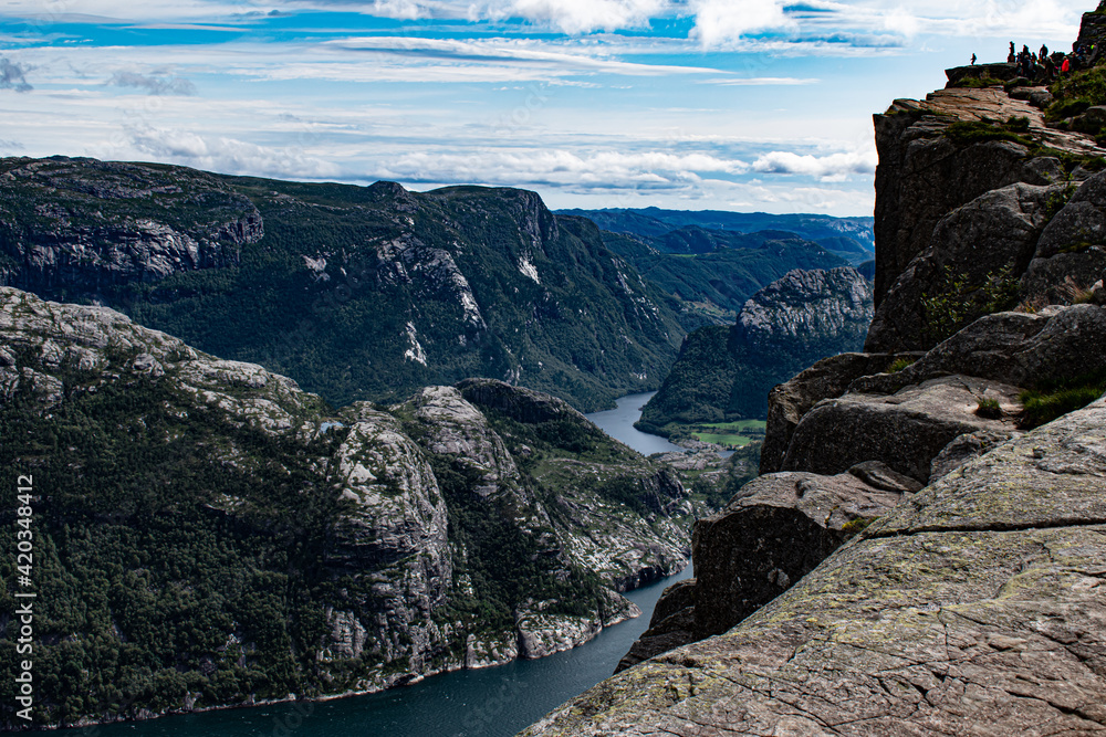 panorama from Preikestolen cliff in norway with the fjord and steep ...