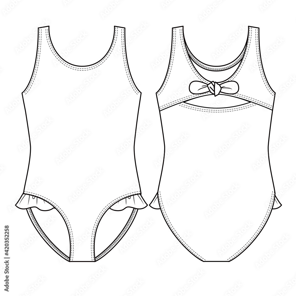 Cute toddler Girls Swimsuit fashion flat sketch template. Swimwear ...