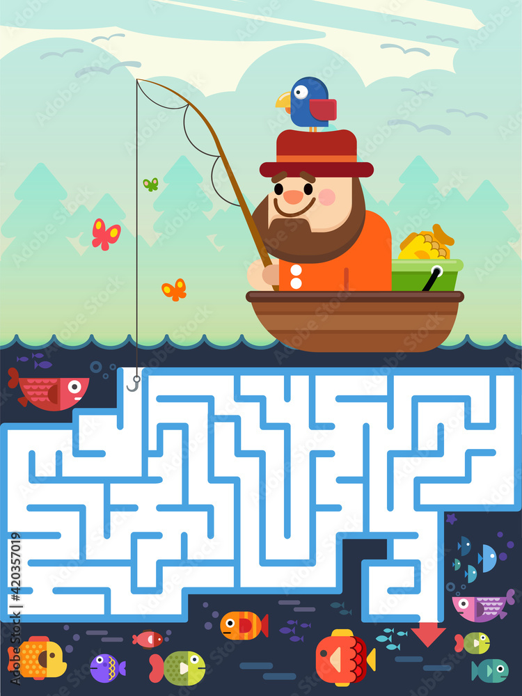 Fisherman Maze Game for kids. Hand drawn illustration, Underwater ...