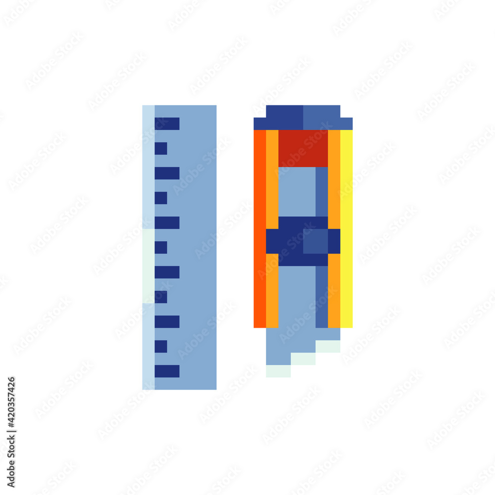 Stationery knife and metal ruler pixel art icon. School supplies and ...