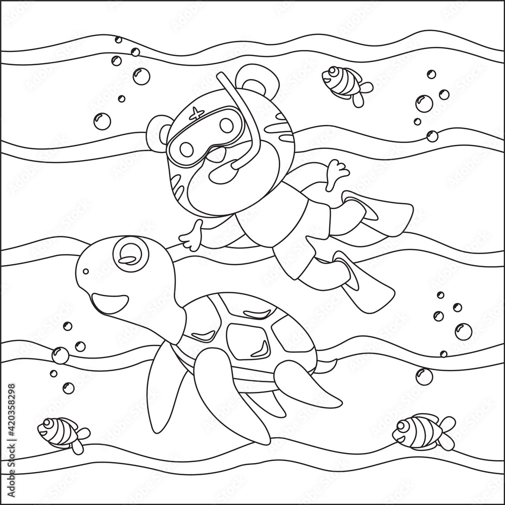 Vector cartoon illustration of little tiger and turtle, with cartoon ...