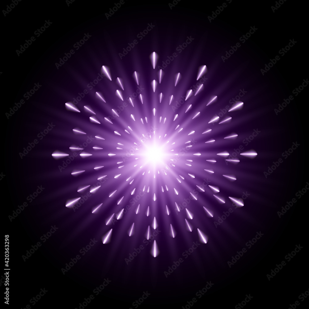 Purple burst with sparkle rays and lens flare effect. Glowing stars ...