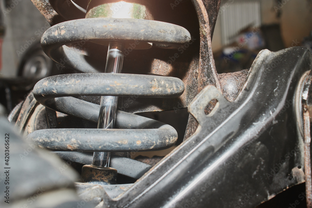 Zoom View Coil Spring of Shock Absorber and Upper Arm Ball Joint in Car ...