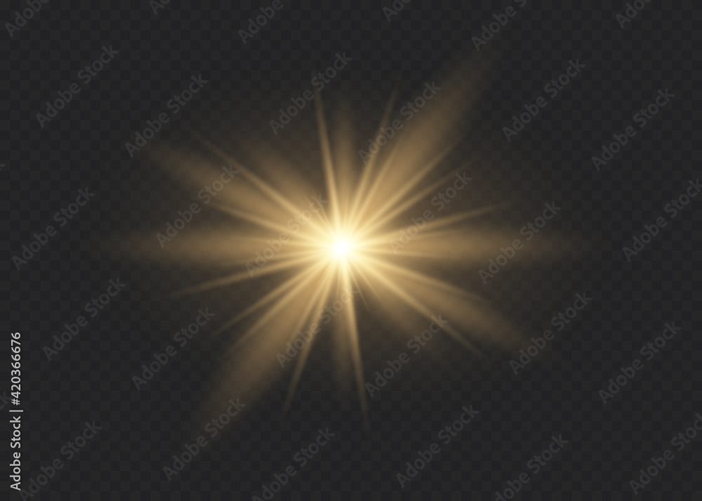 Yellow glowing light explodes on a transparent background. Sparkling ...