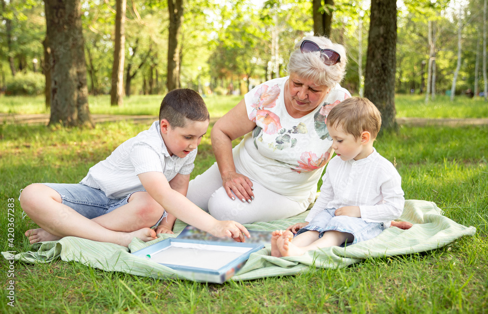 Young boys and grandmother sitting in sunny summer park. Little kids ...
