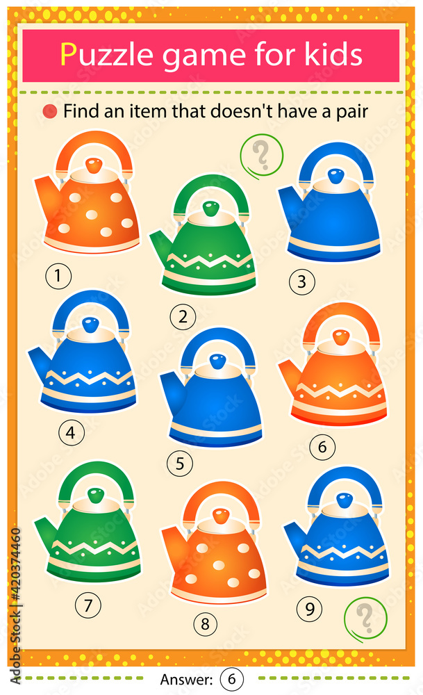 Find a item that does not have a pair. Puzzle for kids. Matching game ...