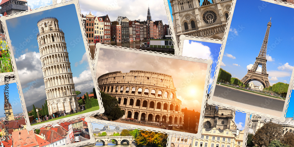 Vintage travel background with retro photos of european landmarks Stock ...