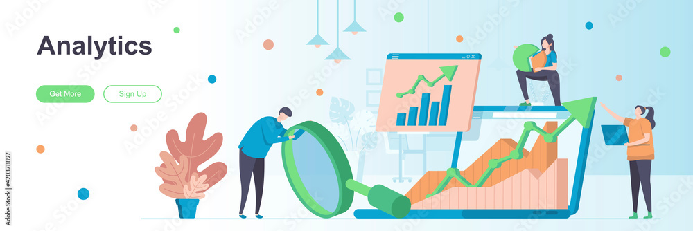 Analytics landing page with people characters. Business indicators ...