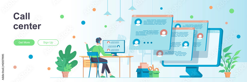 Call center landing page with people characters. Online hotline and ...