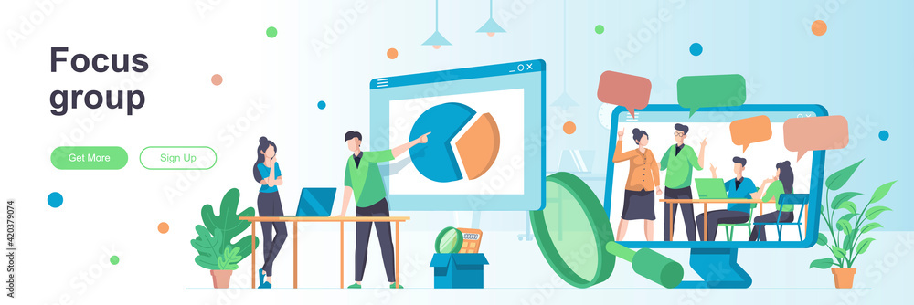 Focus group landing page with people characters. Collective discussion ...
