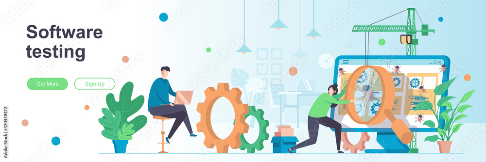Software testing landing page with people characters. Programs testing ...