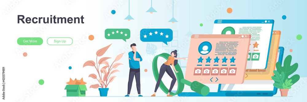 Recruitment landing page with people characters. Headhunting agency ...