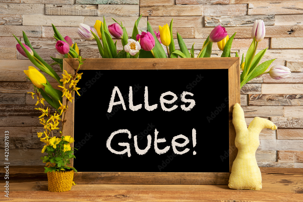 Tulip Flowers, Bunny, Brick Wall, Blackboard, Text Alles Gute Means ...