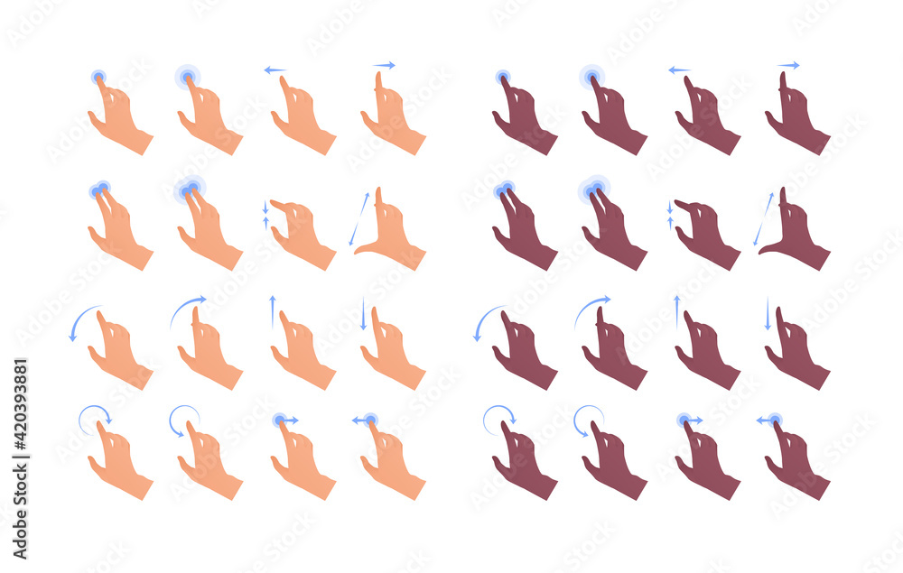 Hand gesture icon collection. Vector flat multiracial llustration set ...