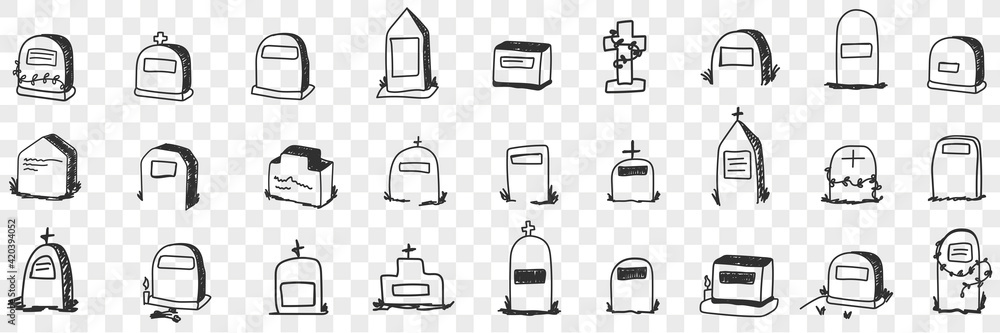 Monument on grave doodle set. Collection of hand drawn various shapes ...