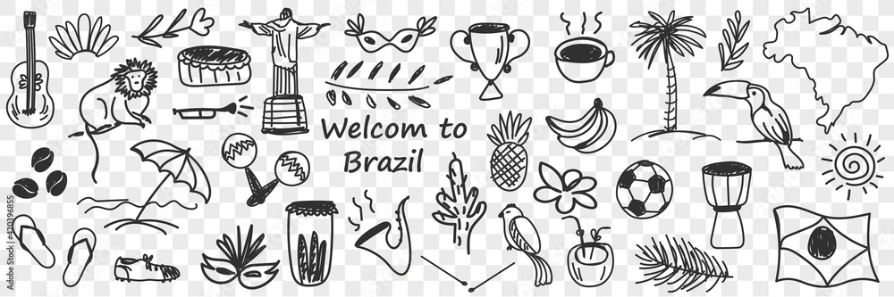 Brazilian traditional symbols doodle set. Collection of hand drawn ...