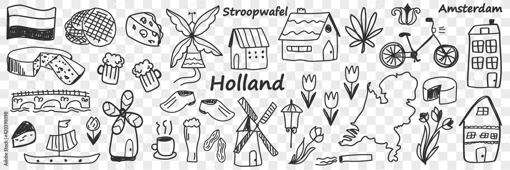 Dutch traditional symbols doodle set. Collection of hand drawn various ...