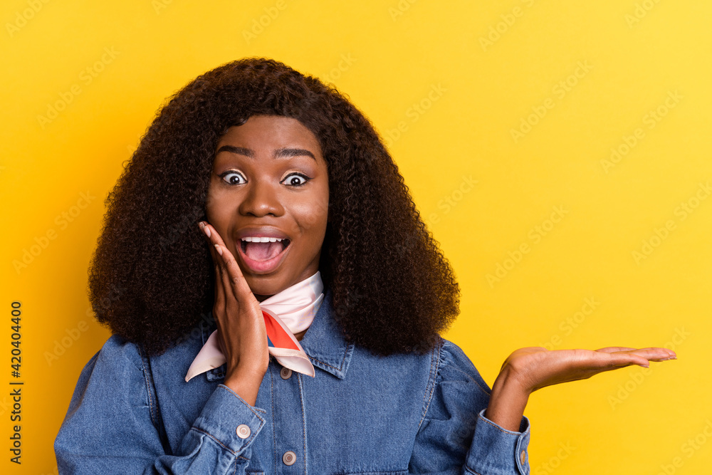 Portrait of astonished dark skin person arm on cheek open mouth palm ...