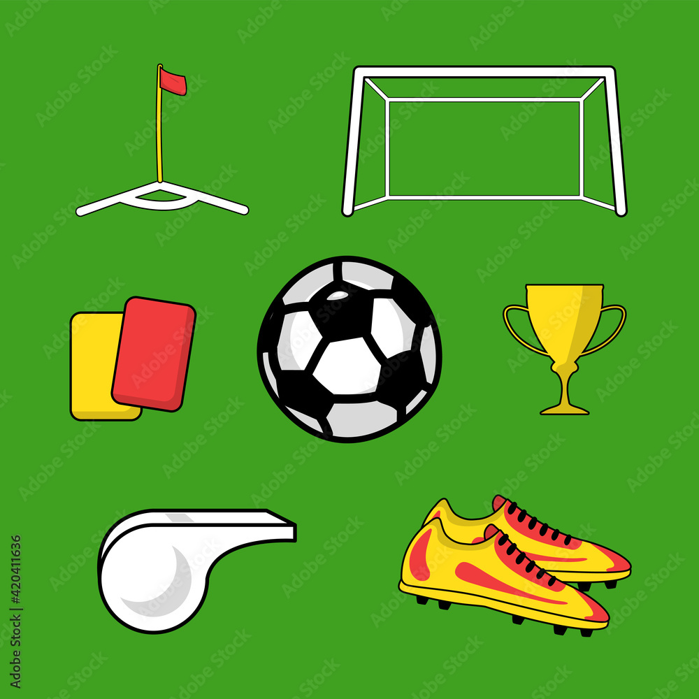 Set of football icons in cartoon style on a green background for ...