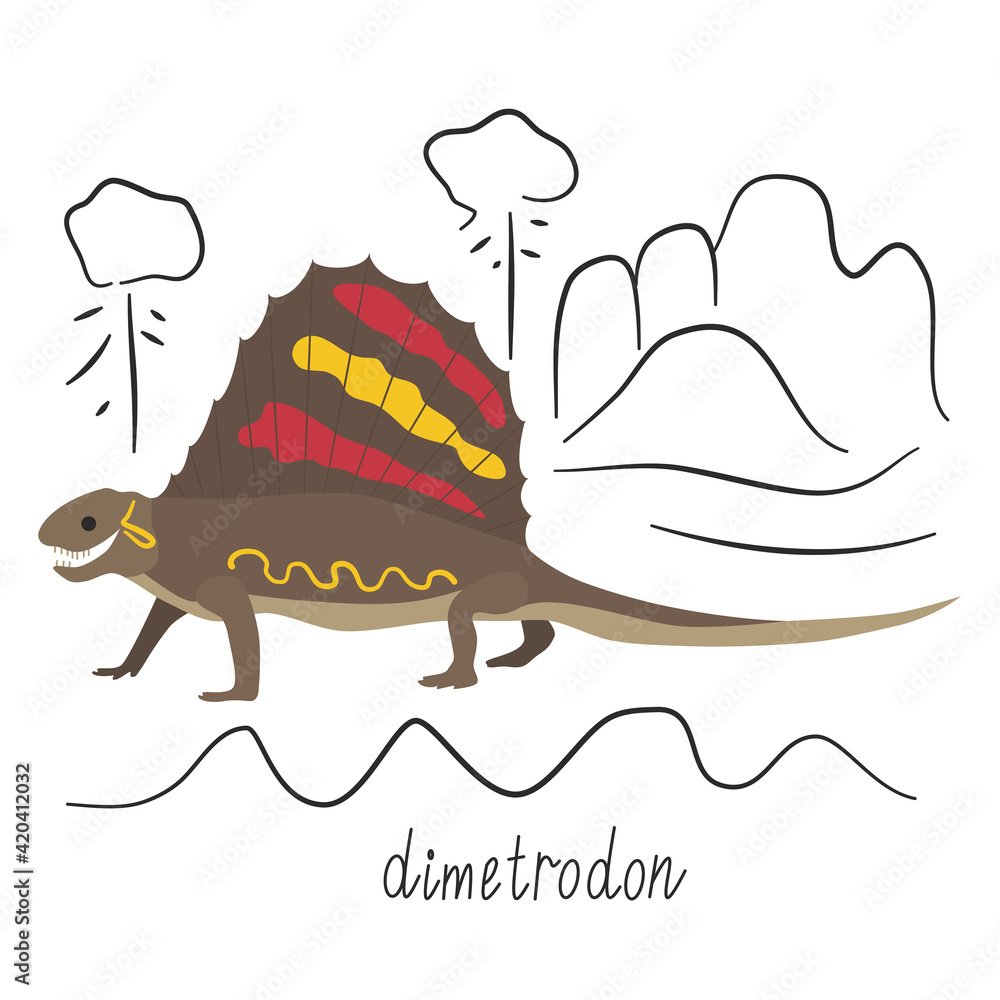 Dimetrodon dinosaur with yellow and red spots, cartoon ancient reptile ...