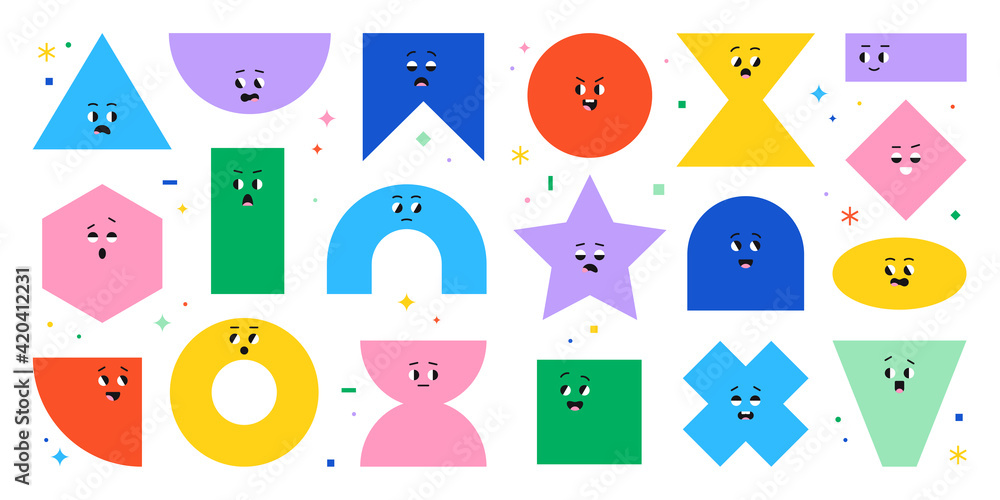 Geometric character shapes with face emotions, different cartoon basic ...