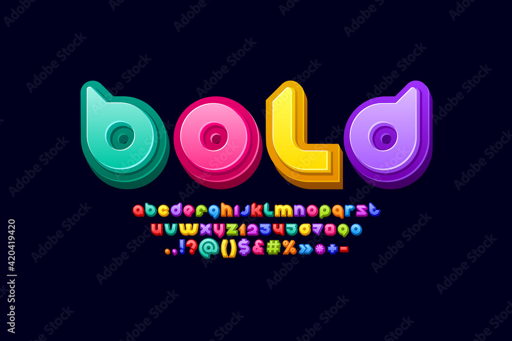 3D bold alphabet, bright rounded font, multi colored letters and ...
