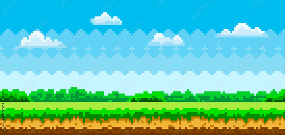 Pixel scene with green grass and forest in distance against blue sky ...